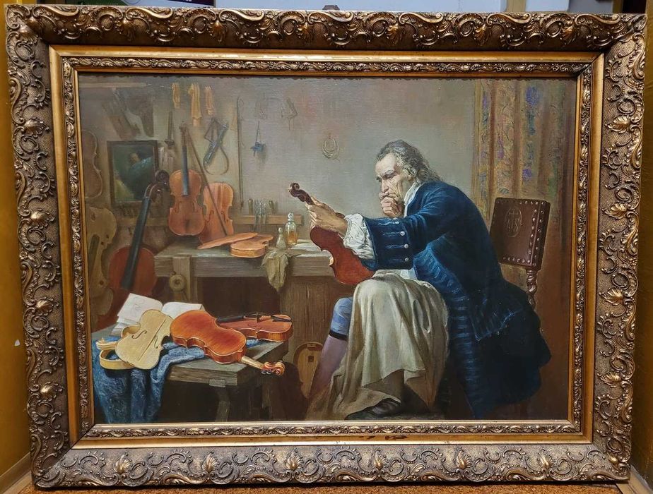 Lutnik Antonio Stradivari, przepiękna kopia, potężny obraz olejny ...
