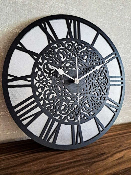 Dekoracyjny zegar ścienny, rzymski, ornament, srebrny, złoty, vintage ...
