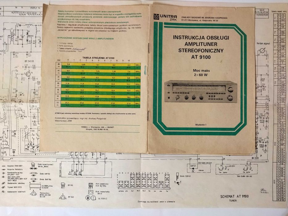 Amplituner Unitra AT 9100 + oryginalna instrukcja i schemat + kable ...