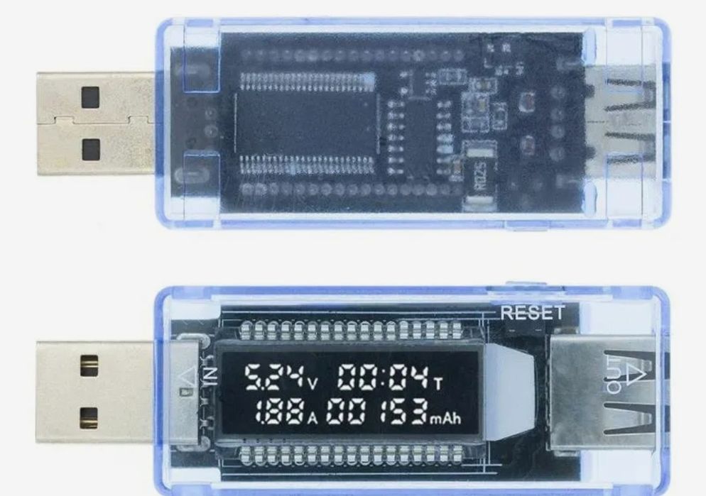 Battery Tester USB Transparent Blue Voltmeter Current Capacity Charger ...