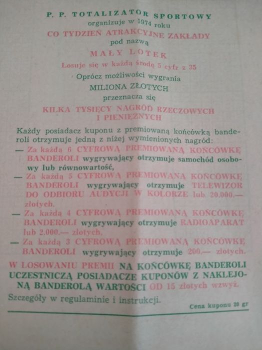 Archiwalny historyczny kupon totolotka mały lotek z 1974 Kielce • OLX.pl