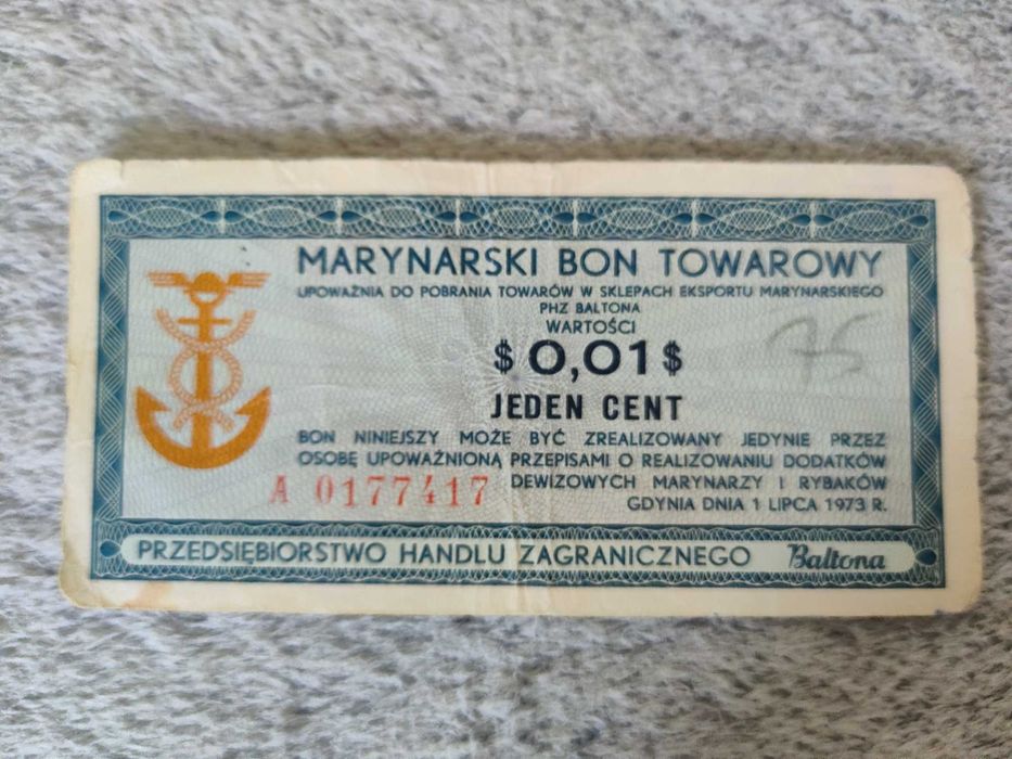 Marynarski Bon Towarowy Baltona 1 cent 1973 rok seria A Szczecin ...