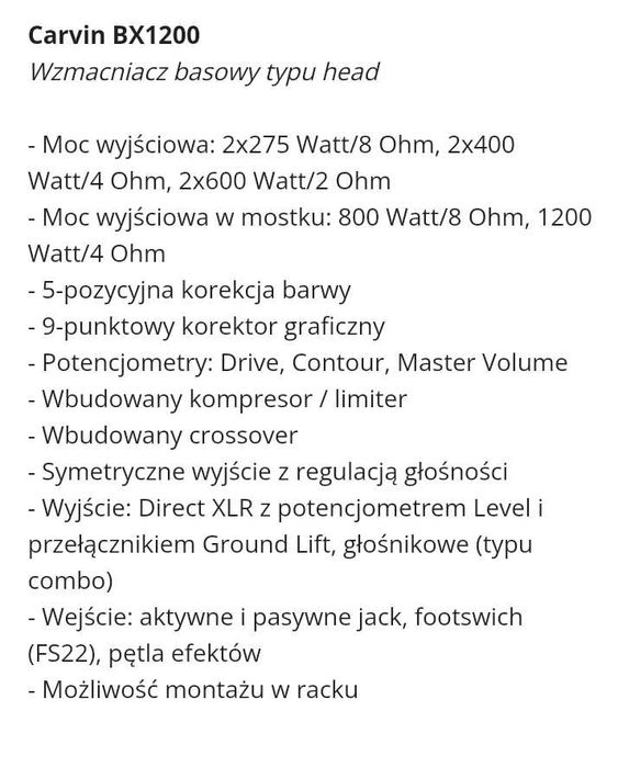 Wzmacniacz basowy Carvin BX1200 + kolumna basowa Carvin NB410 NEO ...